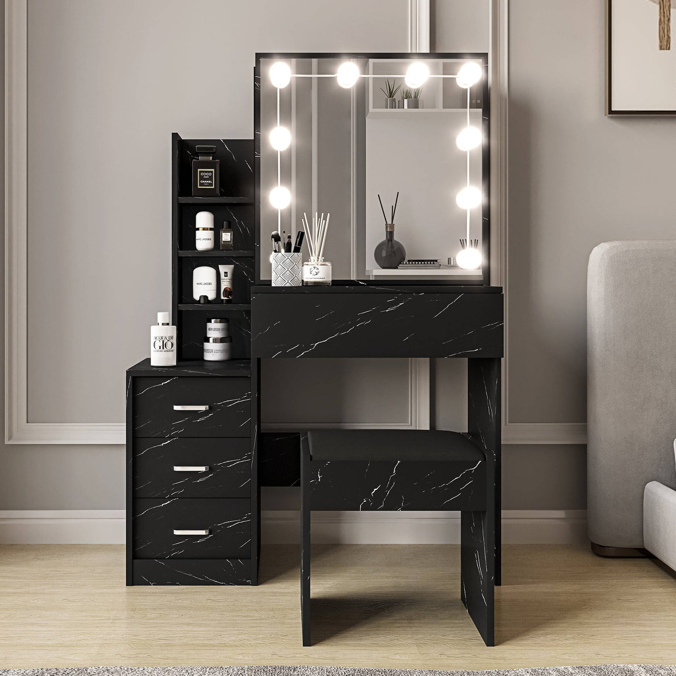 Dressing Table with Mirror and Lights, Drawers | Vanity Makeup Table
