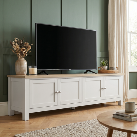 [White] Shaker TV unit 180cm in lifestyle room with TV, botanical plant ...